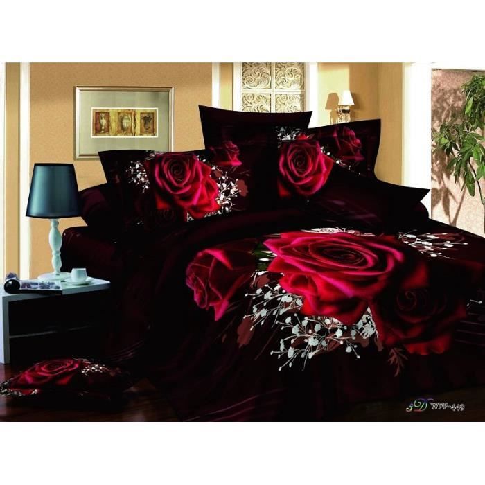 Parure 3D 2 pers Roses rouges sur fond noir n°2 - Cdiscount Maison