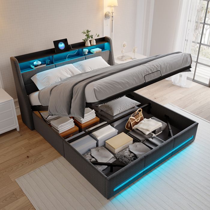 Lit coffre 160x200 cm avec sommier à lattes et coffre de rangement, lit ...