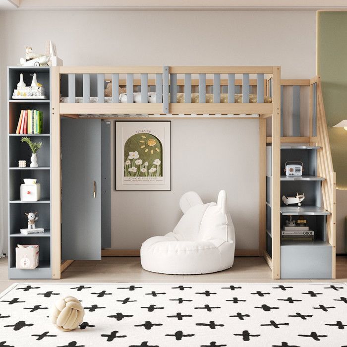 Lit Mezzanine 90 x 200 cm avec tagres, Placard de Rangement et Grande ...