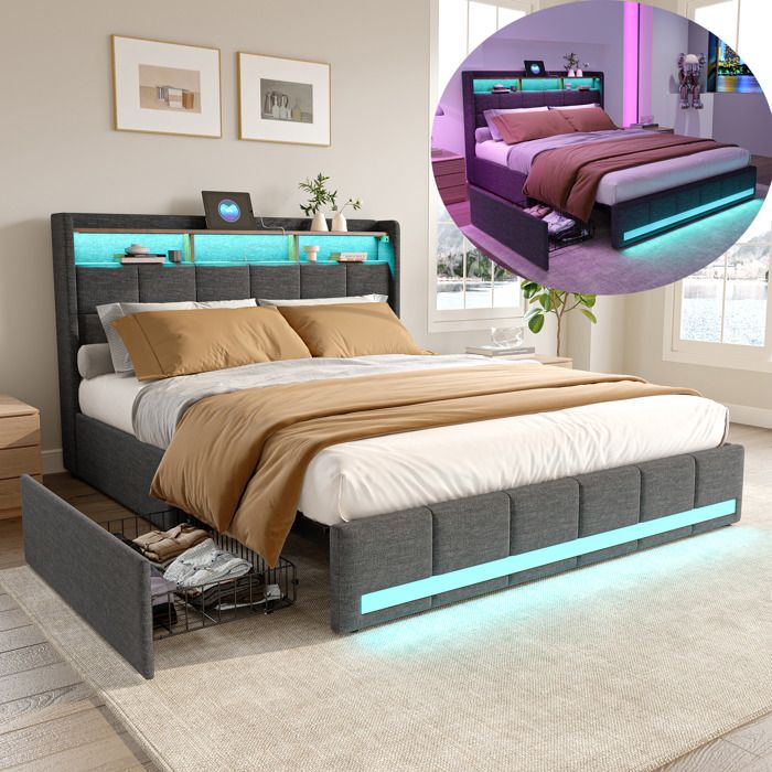 Lit double 140x200cm avec LED,Tête de Lit Rangement & Recharge 2 Port ...