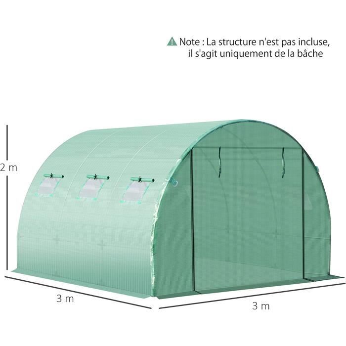 Bache de Rechange Serre Tunnel 9 m2, bache dim. 3L x 3l x 2H m PE Anti-UV imperméable 6 fenêtres ...