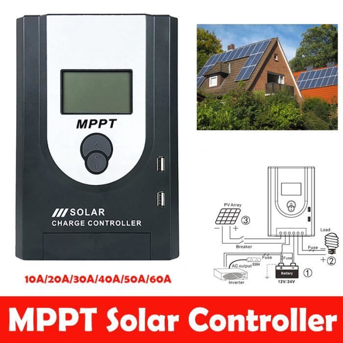 20A noir-Contrôleur de charge MPPT pour panneaux solaires, 12V, 24V, batterie au lithium au ...