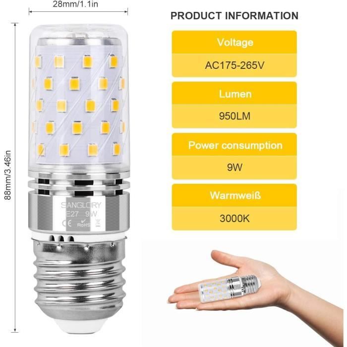 Ampoules LED Culot E27 Blanc Chaud 9W Equivalent 60-80W, Ampoule E27 3000K LED Culot à vis E27 ...