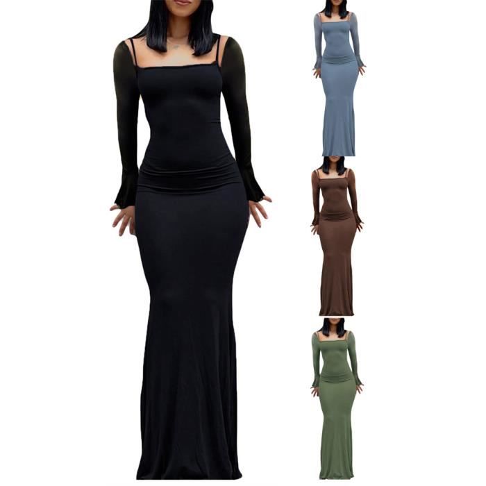 Minetom Robes Maxi Bodycon Femme Robe Longue Casual Décolletée Manche ...