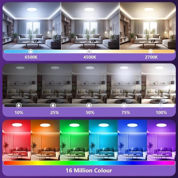 Plafonnier Led Couleur, 30W 2700K-6500K Luminaire Plafonnier Led Avec ...