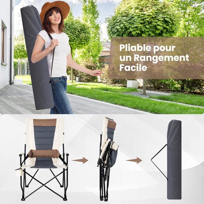 COSTWAY Chaise de Camping Pliante avec Dossier Haut, Coussin Lombaire ...