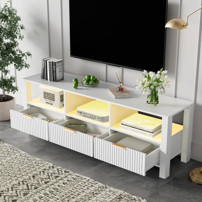 Meuble TV Armoire TV à tiroirs Design moderne simple 152.5 cm Blanc ...
