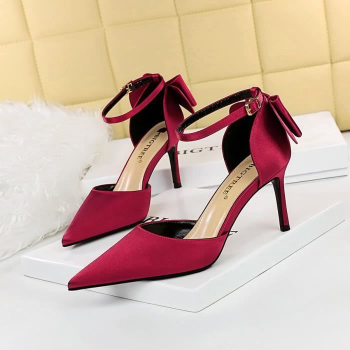Escarpin Femme - Satin de soie - Talons hauts - Bout Pointu - Rouge ...