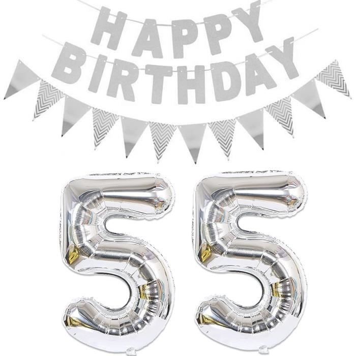 Ballons En Forme De Chiffre 55 Argent + Guirlande Happy Birthday ...