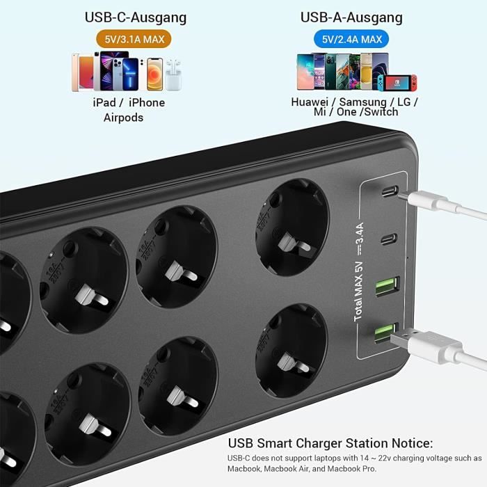 Multiprise Electrique Usb C, Multiprise 8 Prises Parafoudre Et ...