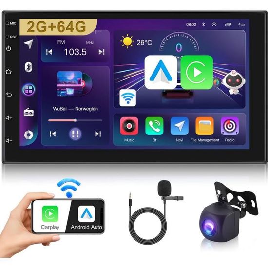 Autoradio Android 2 Din 2Gb 64Gb Bluetooth 7 Pouces Carplay Sans Fil Android Auto, Radio Double ...