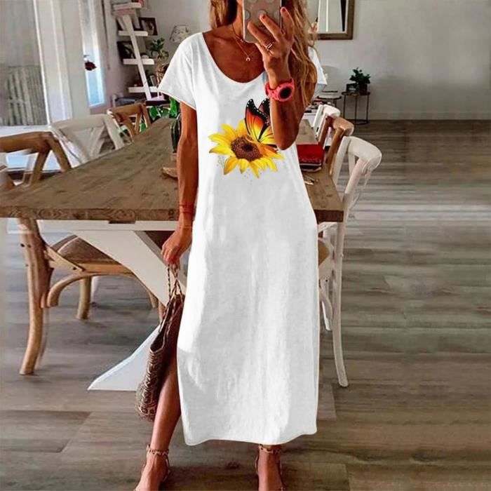 2021 Robe Maxi Femme Col Rond Manches Courtes Imprimé Quotidien ...