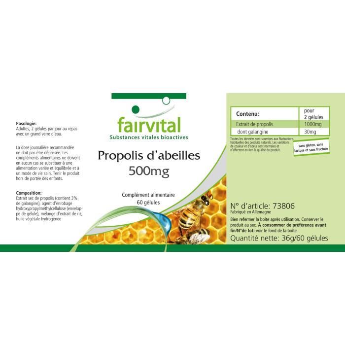 Propolis d'abeilles 500mg - 60 gélules - Fairvital - Cdiscount Santé ...