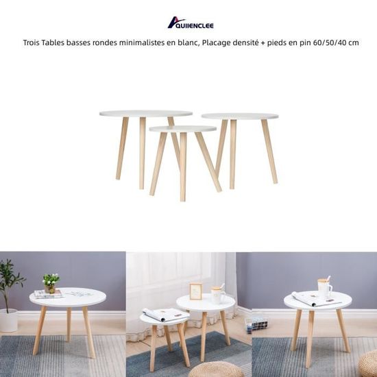 QUIIENCLEE Trois Tables basses rondes minimalistes en blanc, Placage ...