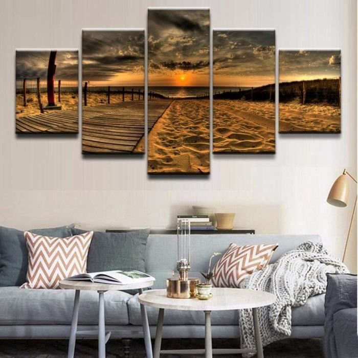 Tableau 5 Parties Mur Art Photos Plage Terre Coucher de Soleil Eau ...