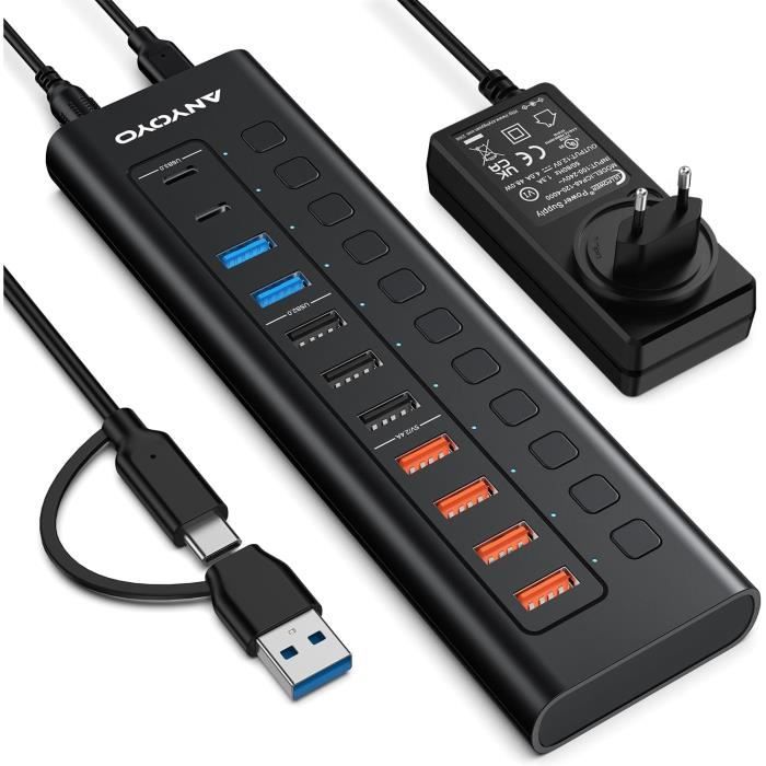 Hub Usb C Actif, 11 En 1 Usb 3.0 Avec Bloc D'Alimentation (48 W) Powered Usb Hub Avec 4 Ports De ...