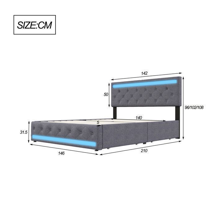 Lit Double 140x200 - Moderne avec LED RGB - 4 Tiroirs - Sommier Inclus ...