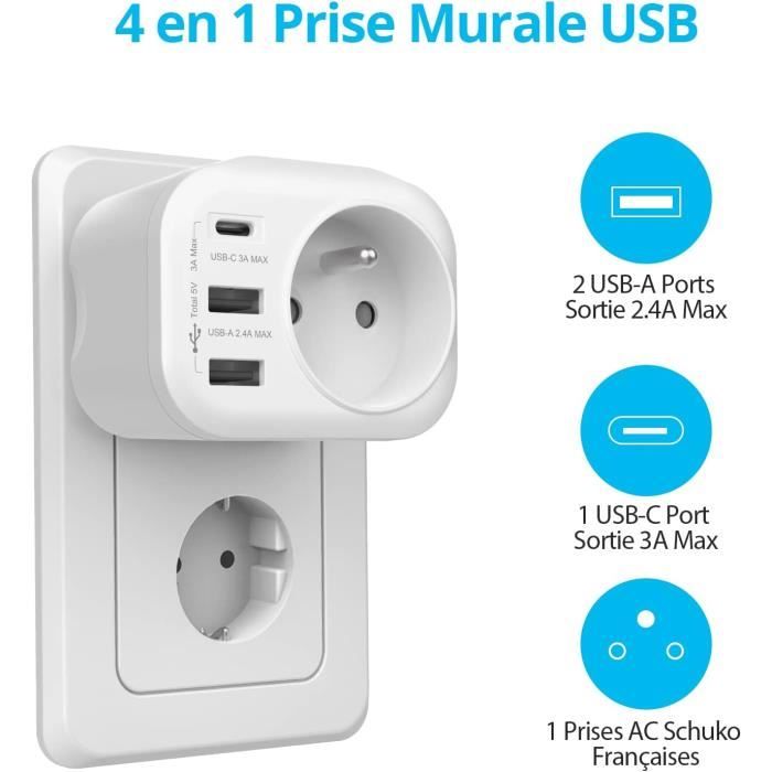 Prise Usb Multiple, 4 En 1 Multiprise Murale Avec 2 Usb-A Et 1 Usb-C 3A ...
