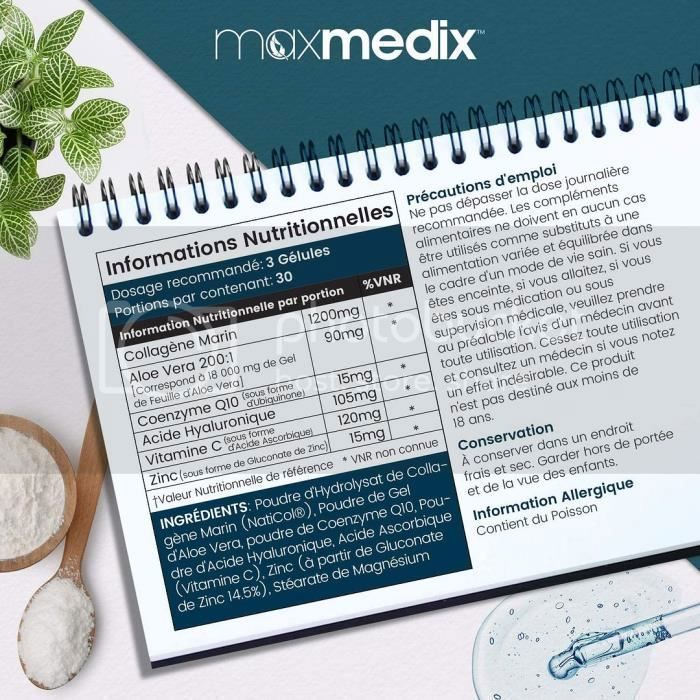 Ollagène Marin Type 1, 1200mg + Acide Hyaluronique + CoQ10, Vitamine C ...