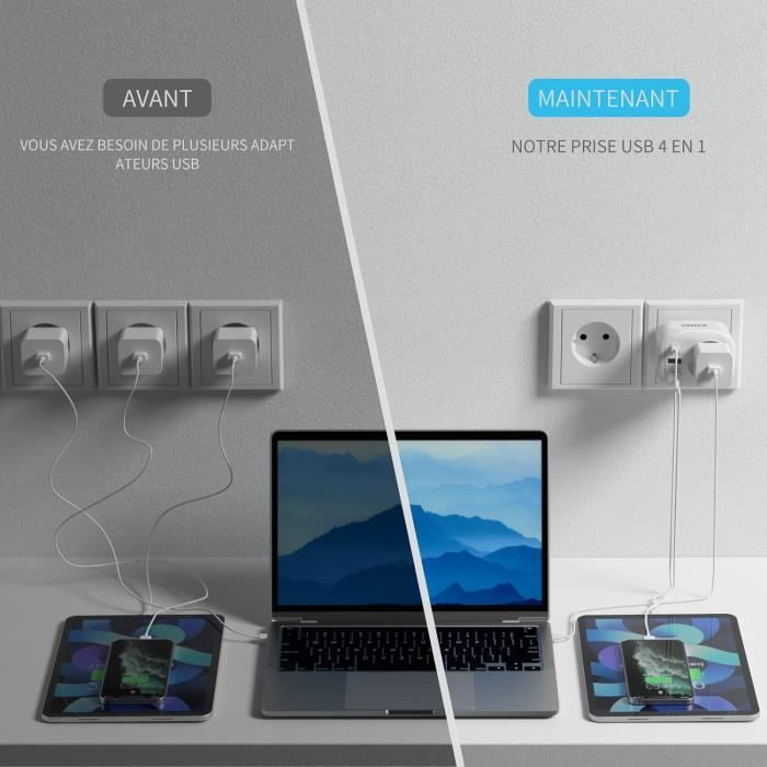 Prise Usb Multiple, 4 En 1 Multiprise Murale Avec 2 Usb-A Et 1 Usb-C 3A ...