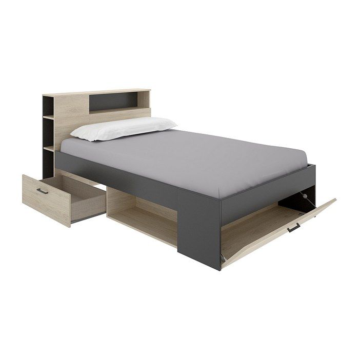 Lit avec tête de lit rangements et tiroirs - 120 x 190cm - Coloris : Naturel et anthracite ...