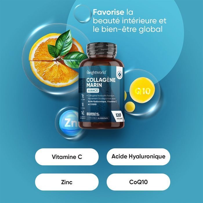 Ollagène Marin Type 1, 1200mg + Acide Hyaluronique + CoQ10, Vitamine C ...