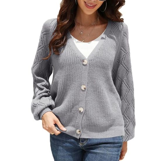 Cardigans Femme Couleur Unie Manche Longue Tricot Évider col en V ...