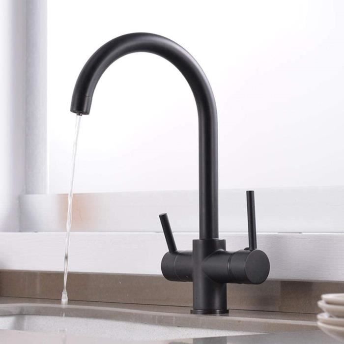 Robinet de Cuisine Mitigeur 3 Voies Noir, Double Poignée Rotative Eau ...