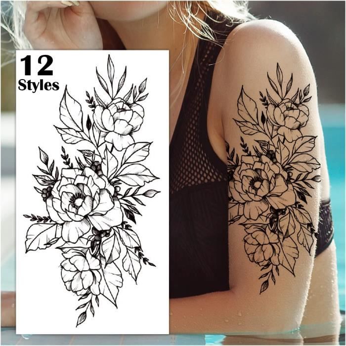 12 Feuilles Tatouage Ephemere Femme,Faux Tatouage 3D Rose Fleur ...