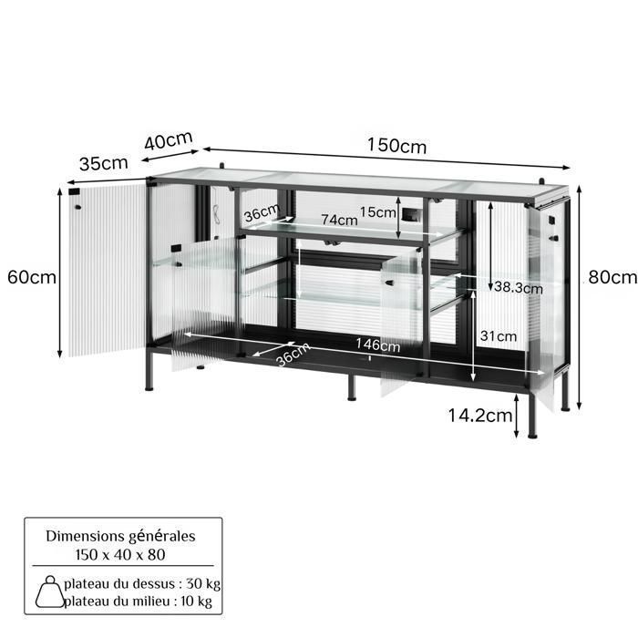 Buffet vitré avec 4 portes et compartiments, éclairage LED 3 couleurs ...