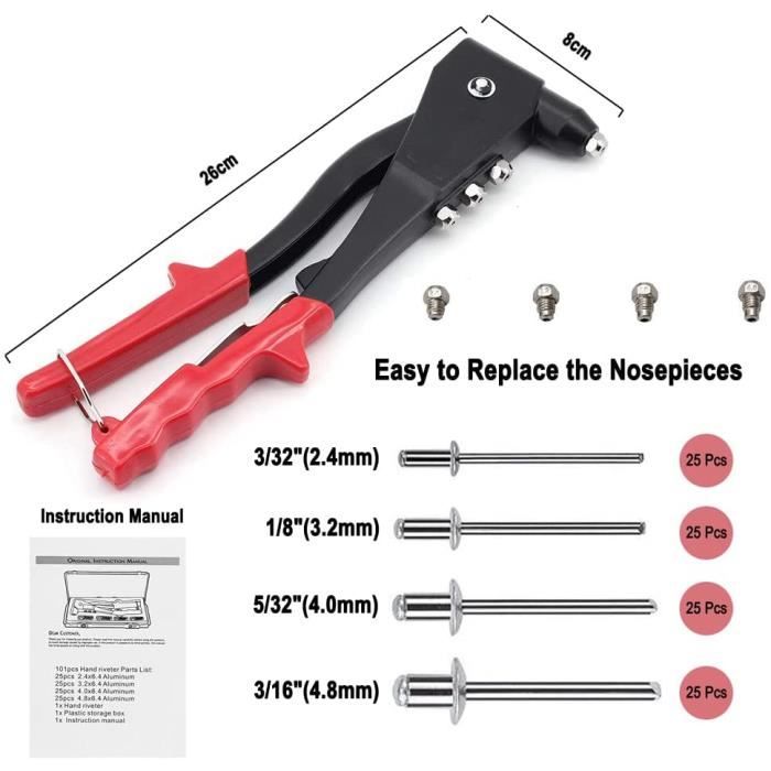 Pince à Riveter Pop Riveteuse avec 60pcs Rivets et Clé Amovible Outils de Réparation à la Main ...