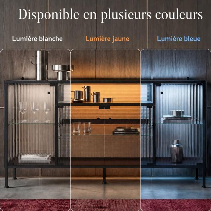 Buffet vitré avec 4 portes et compartiments, éclairage LED 3 couleurs ...