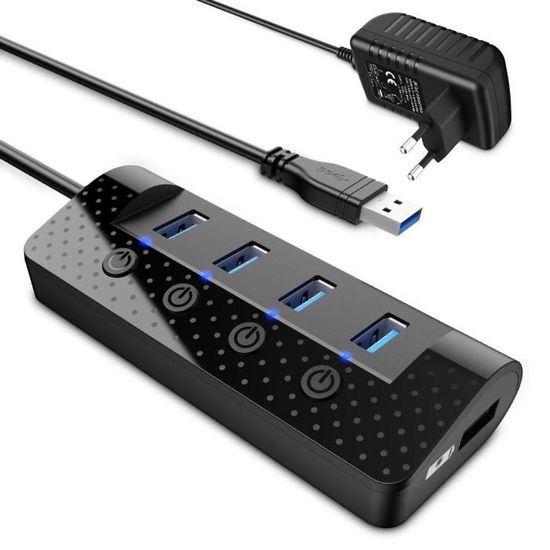 Atolla Hub USB 3.0 alimenté, Adaptateur USB 4 Ports USB Multiprise USB avec Interrupteur ...