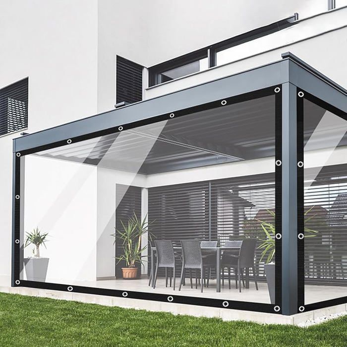 Bâche Transparente PVC 420g/m 3x3m, Terrasse avec Oeillets & Bords Noirs, Imperméable BACHE ...