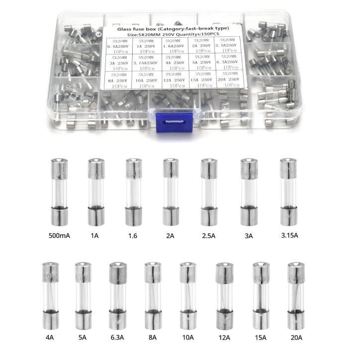 ® Kit D'Assortiment De Fusibles En Verre, 15 Valeurs 150 Pièces 0.5 A 1 A 1.6 A 2 A 2.5 A 3 A 3. ...