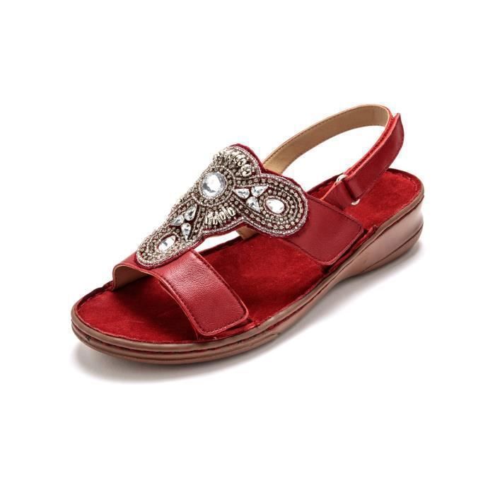 Sandales extra larges en cuir rouge - Dessus façon bijou - 3 pattes ...