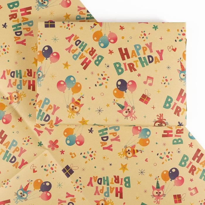 4 Feuilles Papier Cadeau Anniversaire Emballage Cadeaux Papier Kraft ...