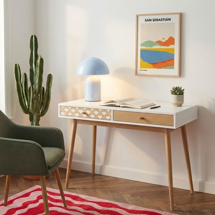 Bureau UTAH blanc et effet chêne 2 tiroirs 100cm - Bois - Cdiscount Maison
