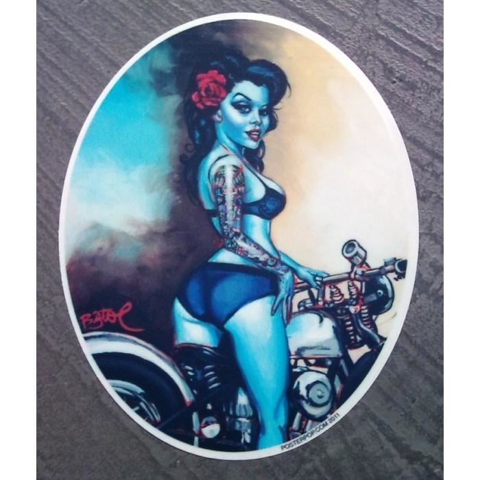 Sticker Pin Up Brune Peau Bleu Tatouée Sur Une Moto Big Toe Modèle