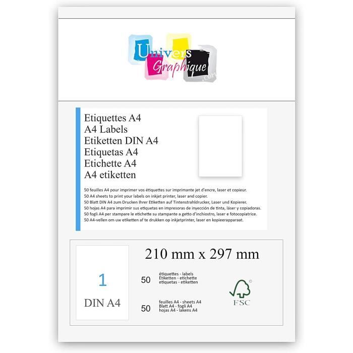 50 feuilles A4 papier adhésif blanc Étiquette autocollante 210 x 297 mm planche adhésive ...