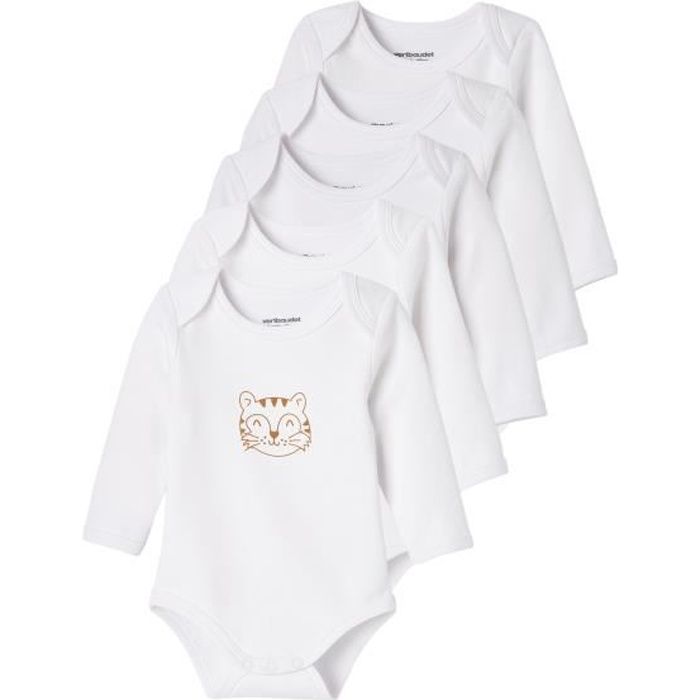VERTBAUDET Lot de 5 bodies « animaux » bébé naissance ouverture US ...