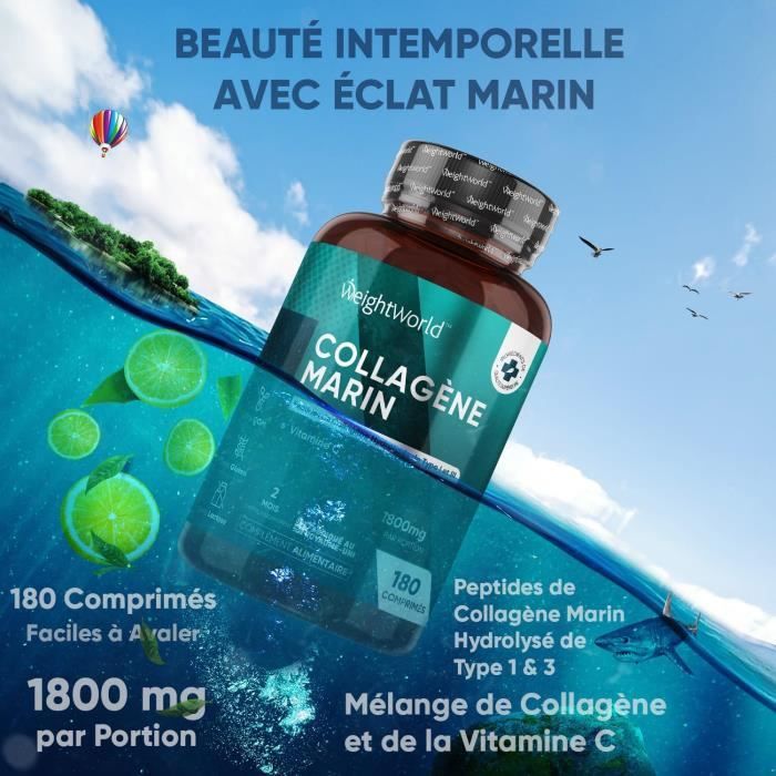 Collagène Marin Type 1 et 3 Enrichi Vitamine C,180 Comprimés ...