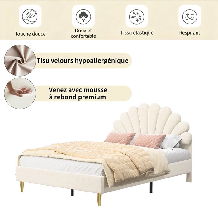Lit Enfant Fille 140x200 avec Tête de Lits Réglable en Hauteur en Forme ...