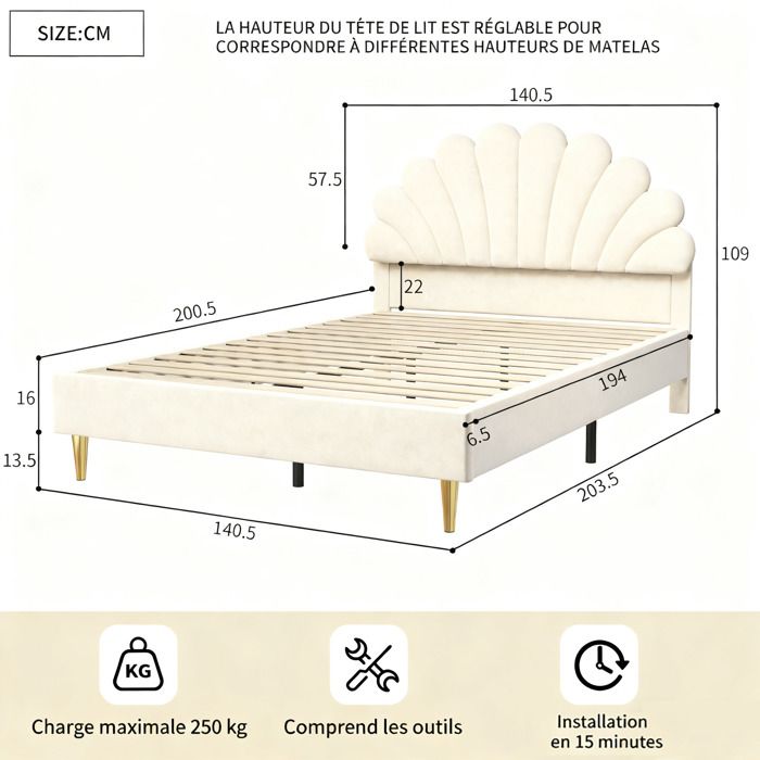 Lit Enfant Fille 140x200 avec Tête de Lits Réglable en Hauteur en Forme ...