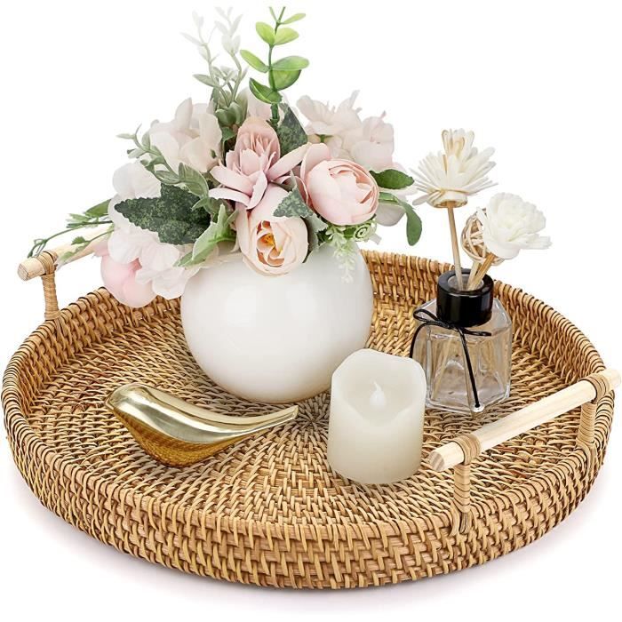 Plateau de service rond en rotin tressé de 28 cm, plateau décoratif ...