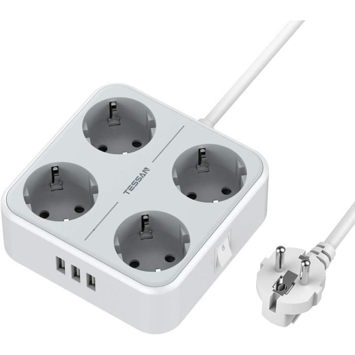 Multiprise USB, Bloc Multiprise Electrique avec 4 Prises und 3 Ports USB Chargeur, 7 en 1 ...