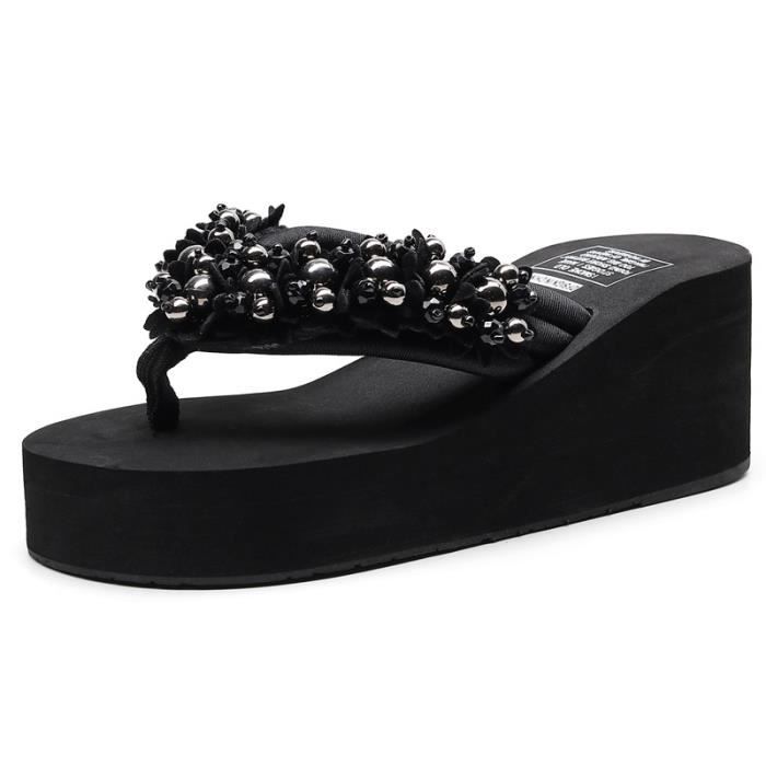 Tongs femme Grande taille Perles Antidrapant Talon en pente Vacances ...