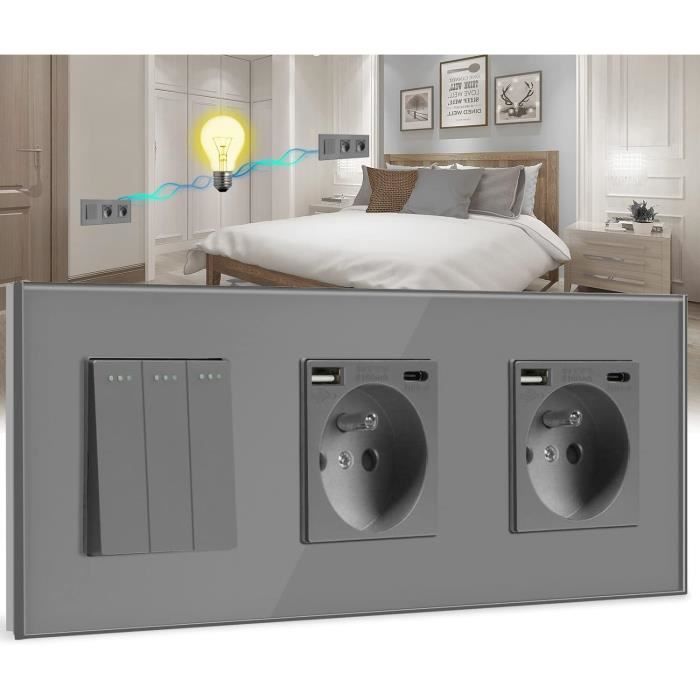 Interrupteur Avec Double Prise Murale Usb Et 1 Type C Gris,Interrupteur ...