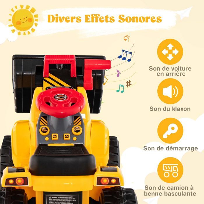 Voiture Bulldozer Électrique Enfant DREAMADE avec Godet Réglable ...