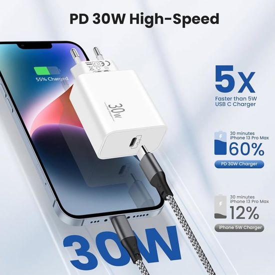 Embout Chargeur iPhone Rapide (PD/QC/PPS) et Câble iPhone Prise ...